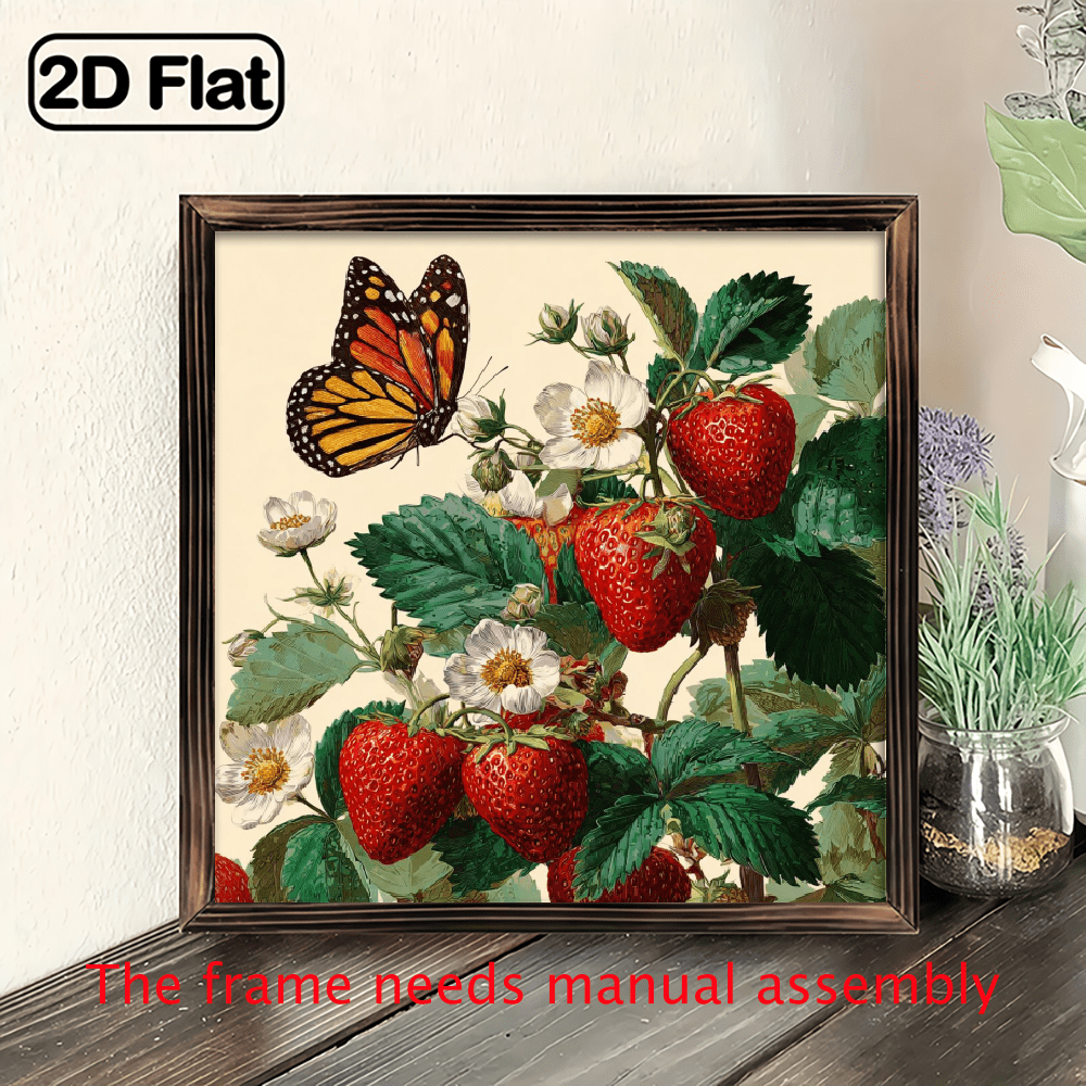 2D Flat, 1pc Whimsical Strawberry Butterfly Wooden Framed Wall Art ...