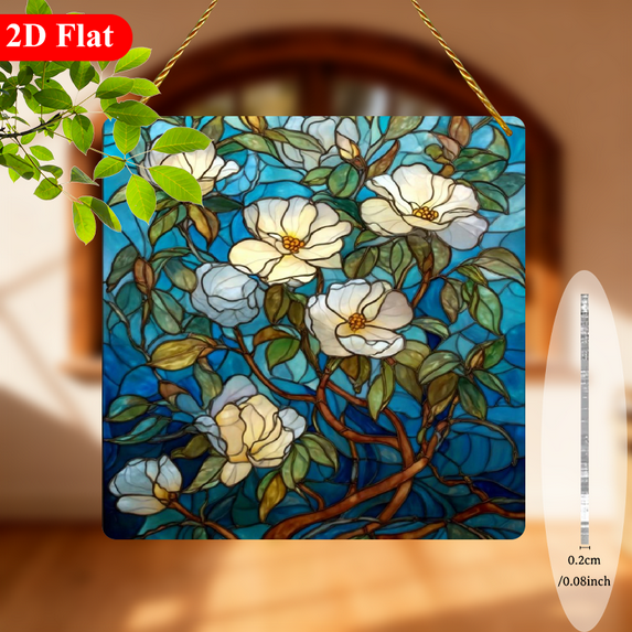 2D Flat, 1pc White Camellia Acrylic Suncatcher - 8x8 Inch Stained ...