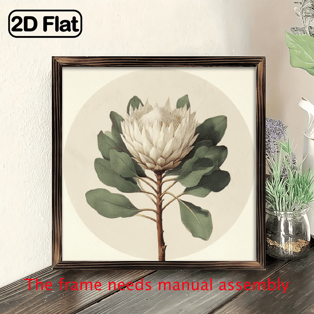 2D Flat, 1pc White Protea Flower Wall - Vintage Botanical Square Wood ...
