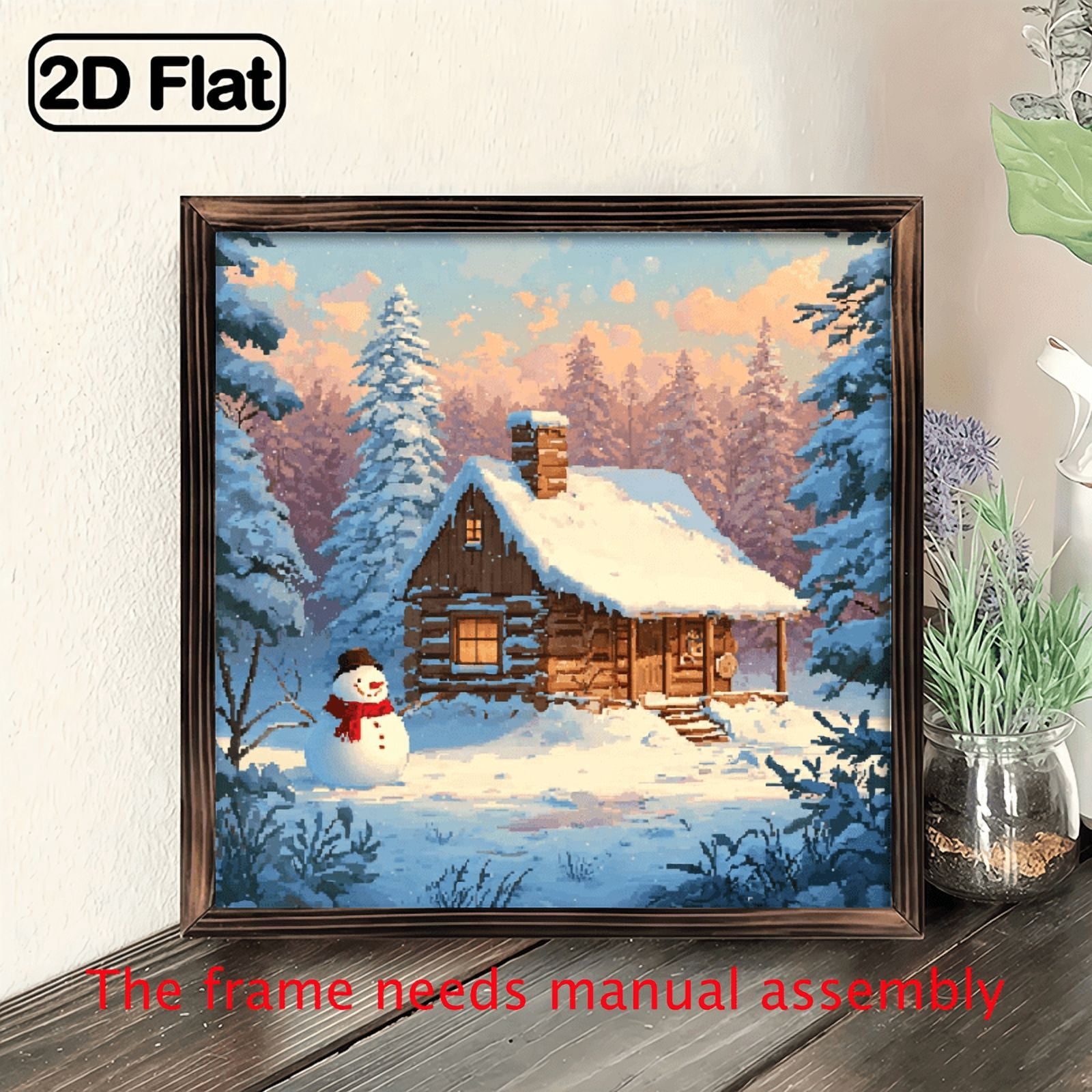 2D Flat, 1pc Winter Cabin Snow Scene Wooden Wall Art - 8x8 Inch Rustic ...