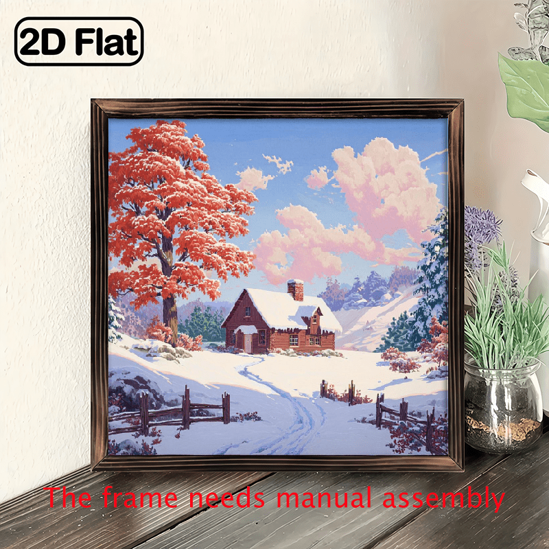 2D Flat, 1pc Winter Cottage Scene Wooden Wall Art - 8x8 Inch Rustic ...