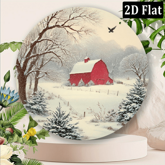 2D Flat, 1pc Winter Wonderland Snowy Red Barn Round Aluminum Sign ...