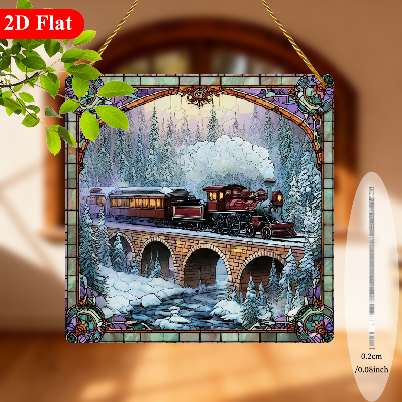 2D Flat, 1pc Winter train landscape acrylic sun catcher window hanging ...