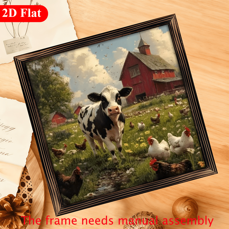 2D Flat 1pc Wood Frame Sign Wood Frame Rural scenery, cows and chickens ...