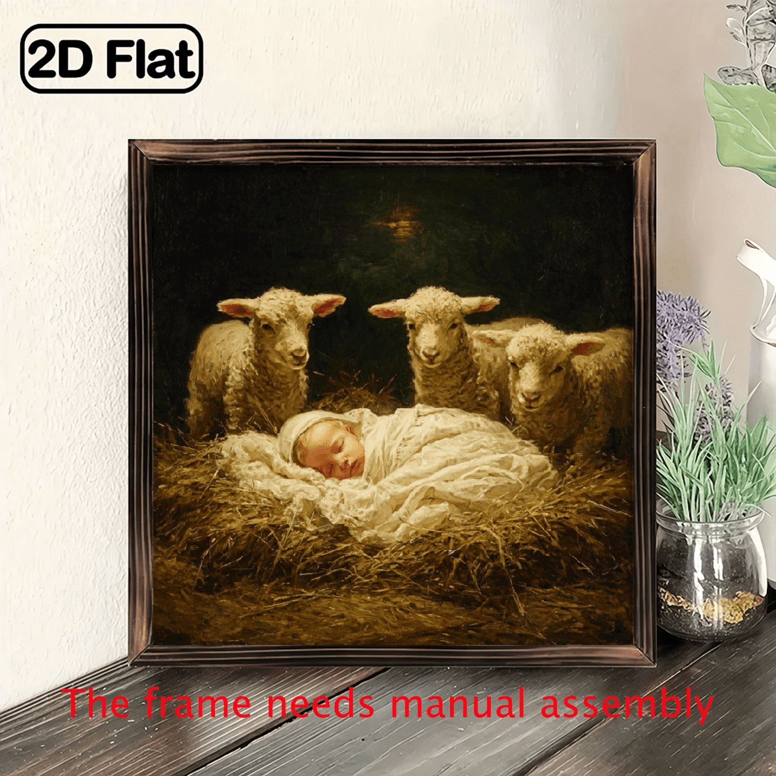2D Flat, 1pc Wood Frame Wooden Sign The Birth of Jesus, Surrounded by ...