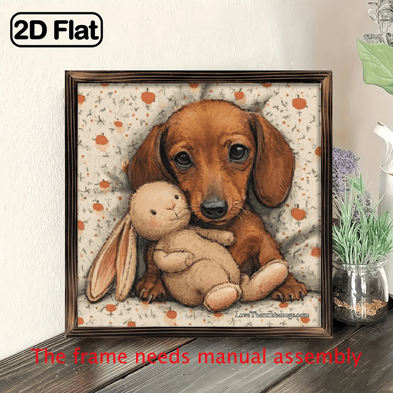 2D Flat, 1pc Wood Frame Wooden Sign Dachshund, plush bunny toy ...