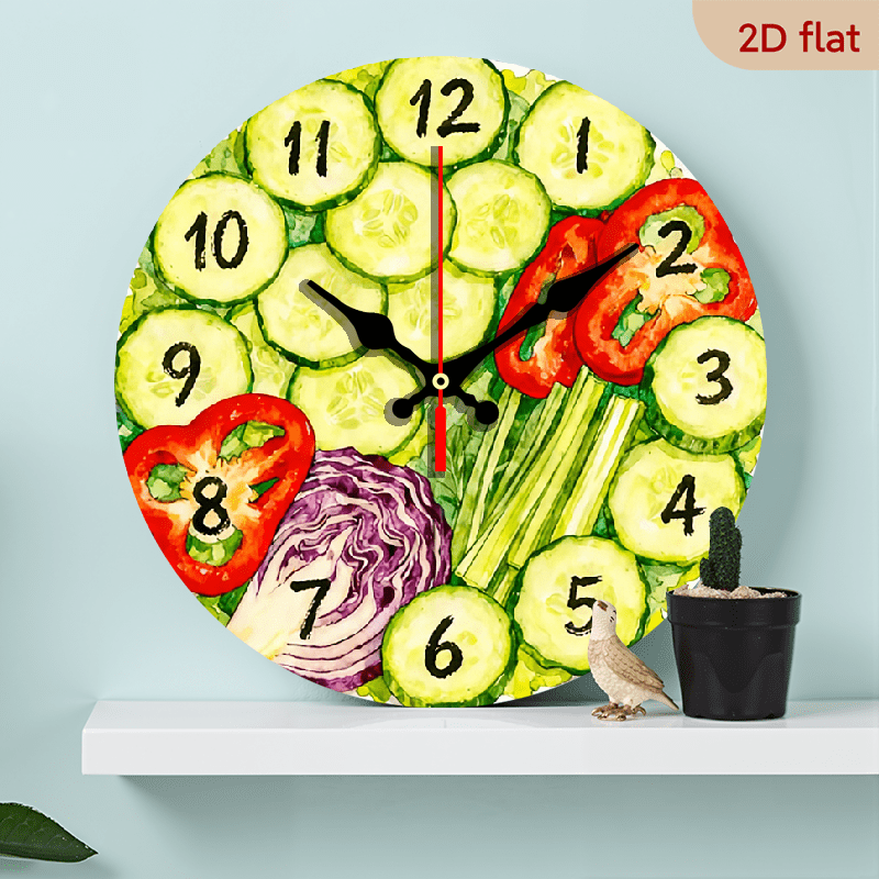 2D Flat 1pc Wooden Clock Hand-Painted Watercolor Vegetable Platter ...