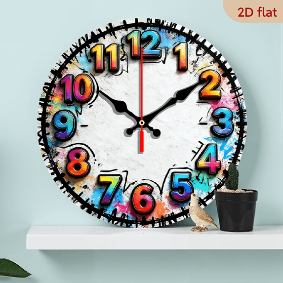 2D Flat 1pc Wooden Colorful Graffiti Wall Clock - Silent Non-Ticking ...