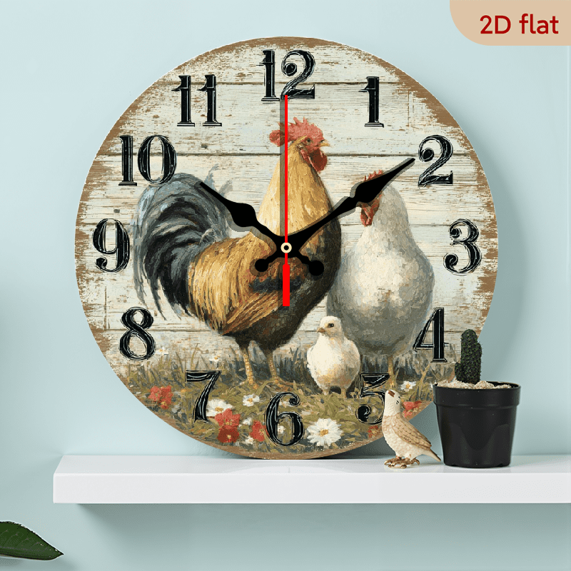 2D Flat 1pc Wooden Farm Chicken Wall Clock with Rooster Hens - Silent ...