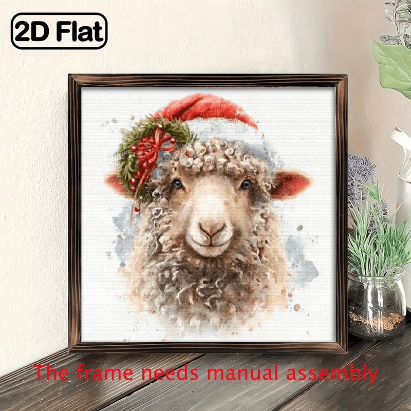 2D Flat, 1pc Wooden Framed Christmas Lamb Wall Art with Santa Hat Holly ...