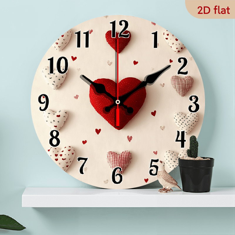 2D Flat 1pc Wooden Heart-Shaped Wall Clock with Heart Patterns - Silent ...