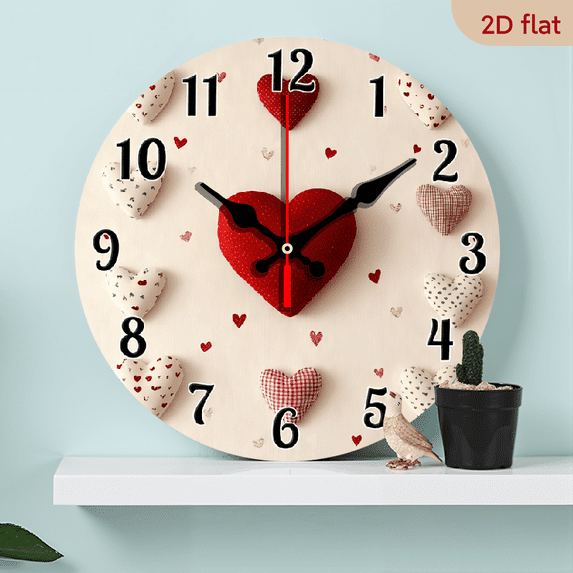 2D Flat 1pc Wooden Heart-Shaped Wall Clock with Heart Patterns - Silent ...