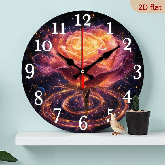 2D Flat 1pc Wooden Silent Non-Ticking Wall Clock with Cosmic Rose Face ...