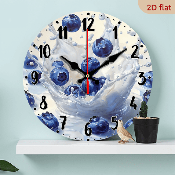 2D Flat 1pc Wooden Silent Non-Ticking Wall Clock - Modern Blueberry ...