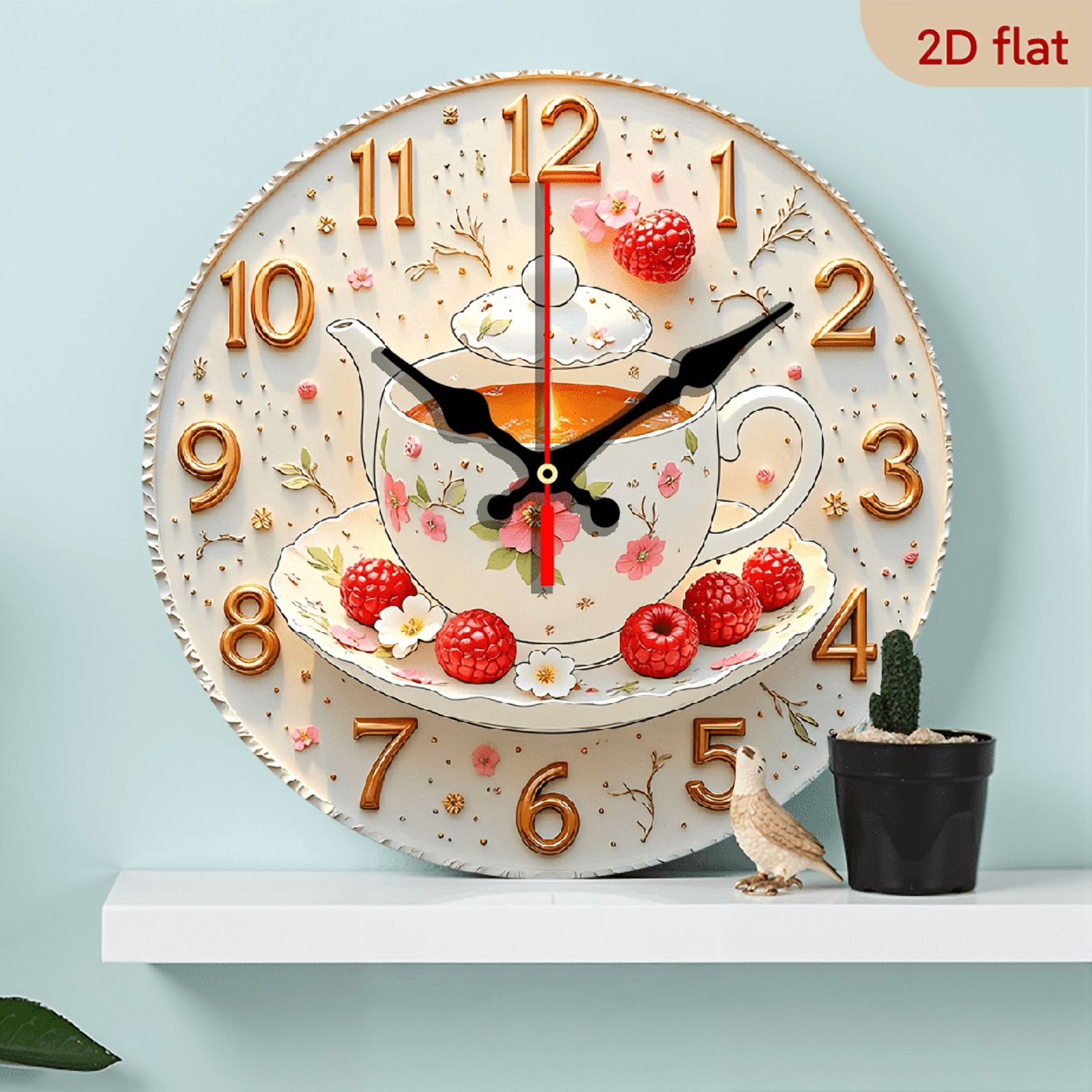 2D Flat 1pc Wooden Vintage Floral Teapot Teacup Wall Clock - Silent Non ...