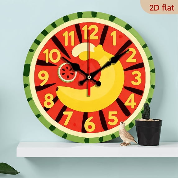 2D Flat 1pc Wooden Wall Clock - Watermelon And Banana Decorative Clock ...