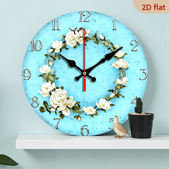 2D Flat 1pc Wooden Wall Clock - White Rose Fresh Wall Clock - Perfect ...