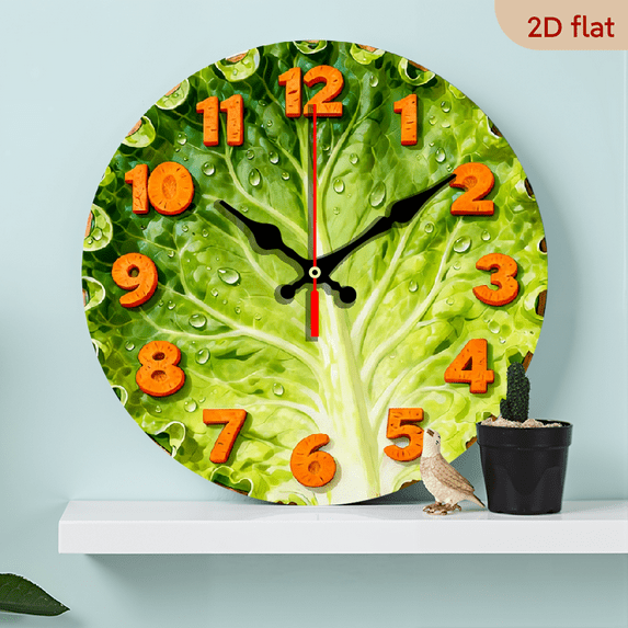 2D Flat 1pc Wooden clock with a fresh lettuce and carrot theme ...