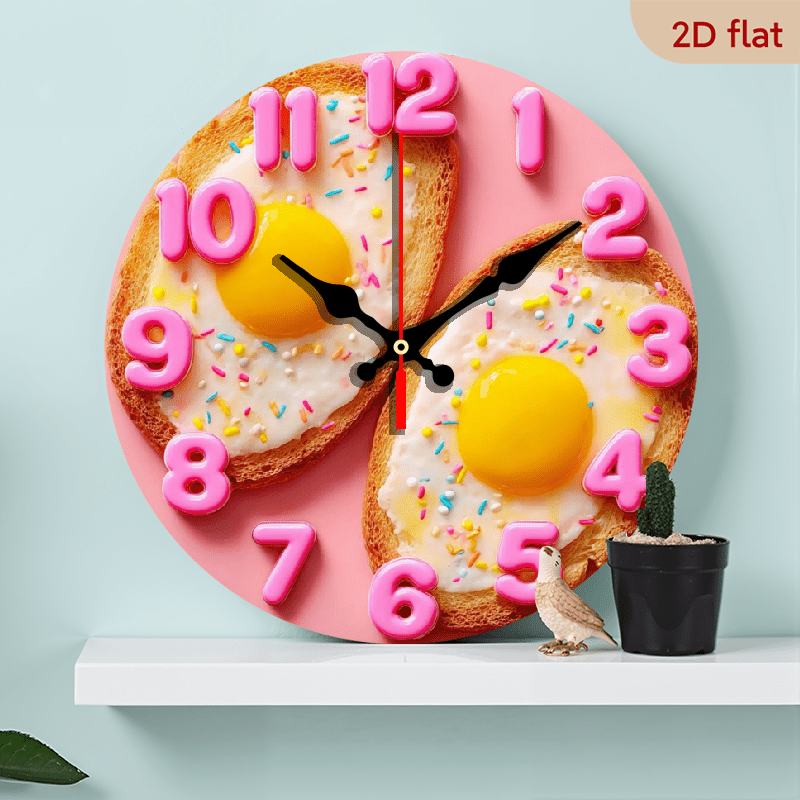 2D Flat 1pc Wooden clock, pink egg and toast themed clock, suitable for ...