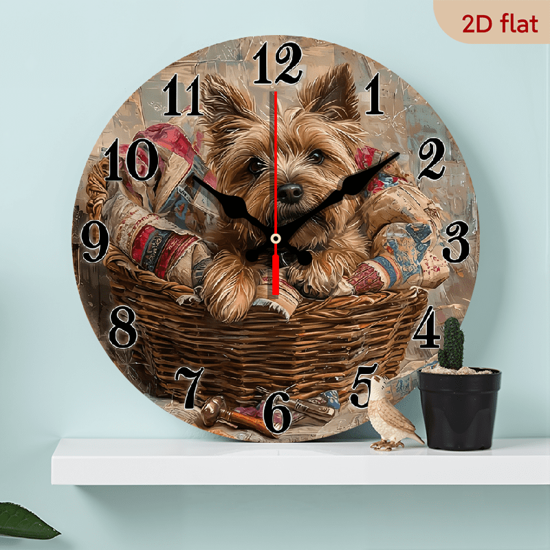 2D Flat, 1pc, Yorkshire Terrier Dog in Basket Silent Non-Ticking Wooden ...