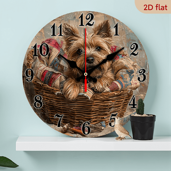 2D Flat, 1pc, Yorkshire Terrier Dog in Basket Silent Non-Ticking Wooden ...