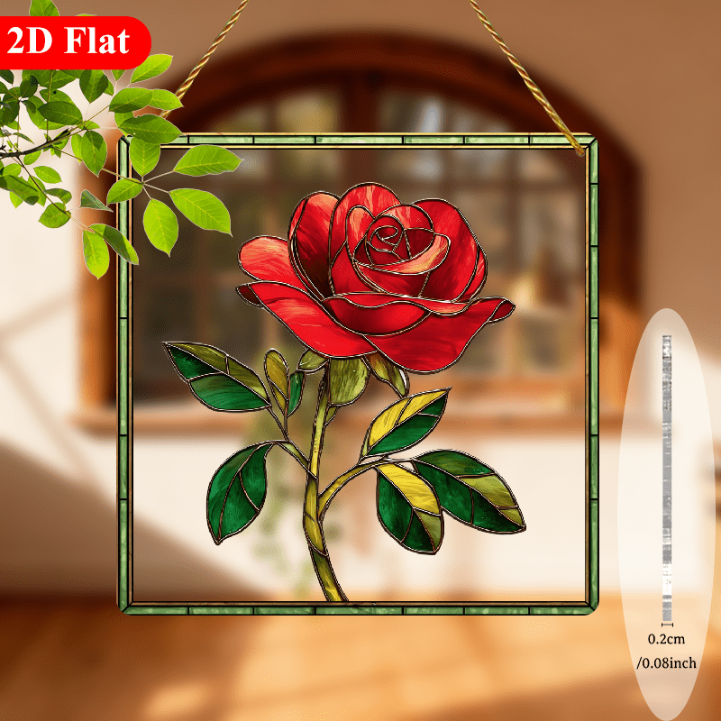 2D Flat - 1pc of 8-Inch Square Suncatcher Featuring a Red Rose Theme ...