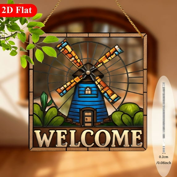 2D Flat - 1pc of a Mill Windmill Welcome Sign, 8 Inches Square, Cartoon ...