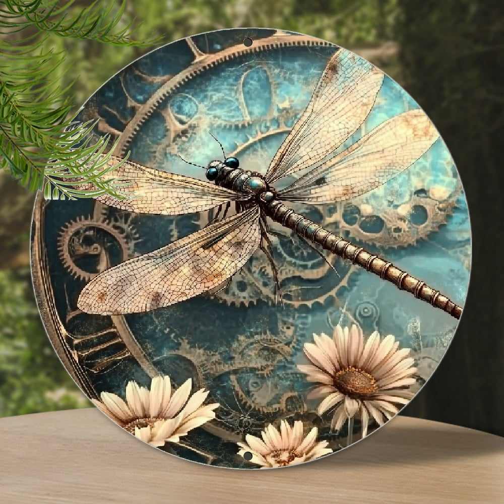 2D Flat, 2D, 1pc, Dragonfly Flower 8 X 8 Inch Round Metal Tin Sign ...