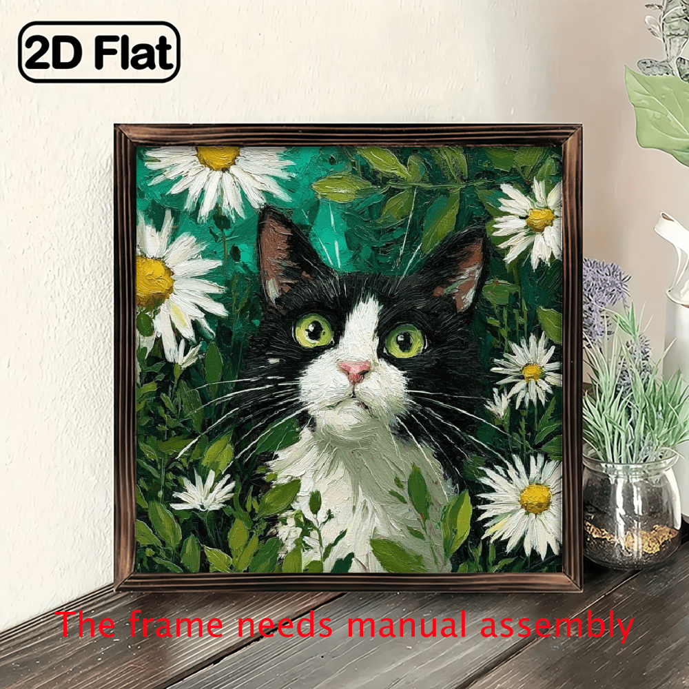 2D Flat, 2D Flat - Country Cottage Cat and Daisy Field Wooden Sign with ...