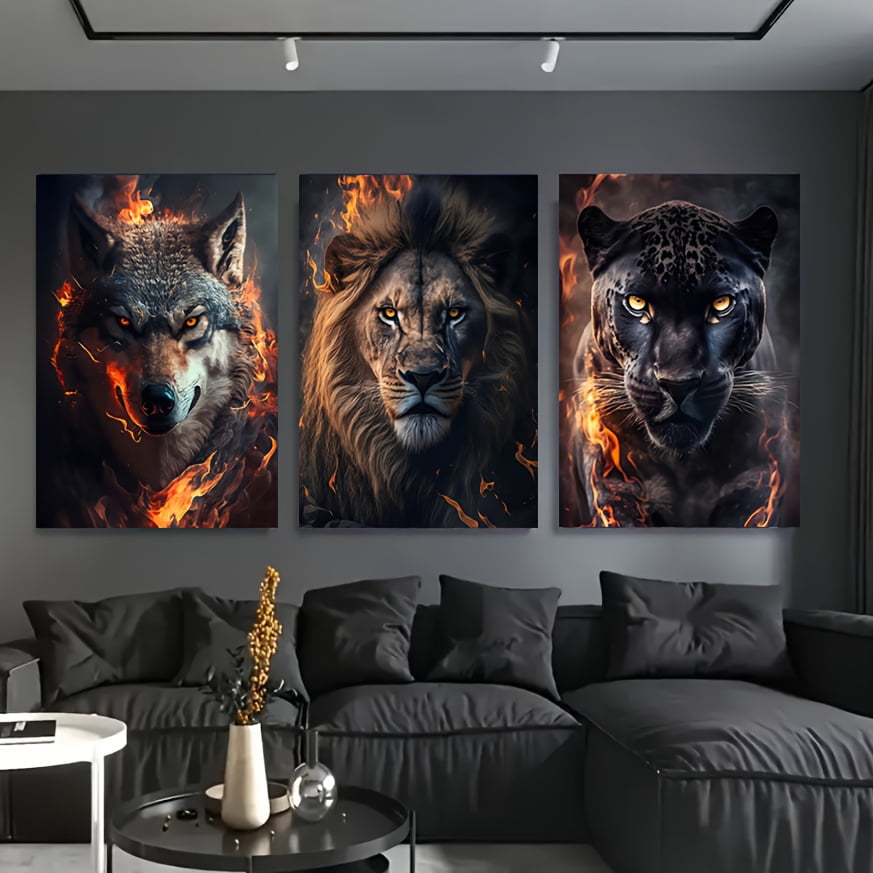 2D Flat, 3pcs 2D Flat Animal Portrait Triptych Prints with Flames ...