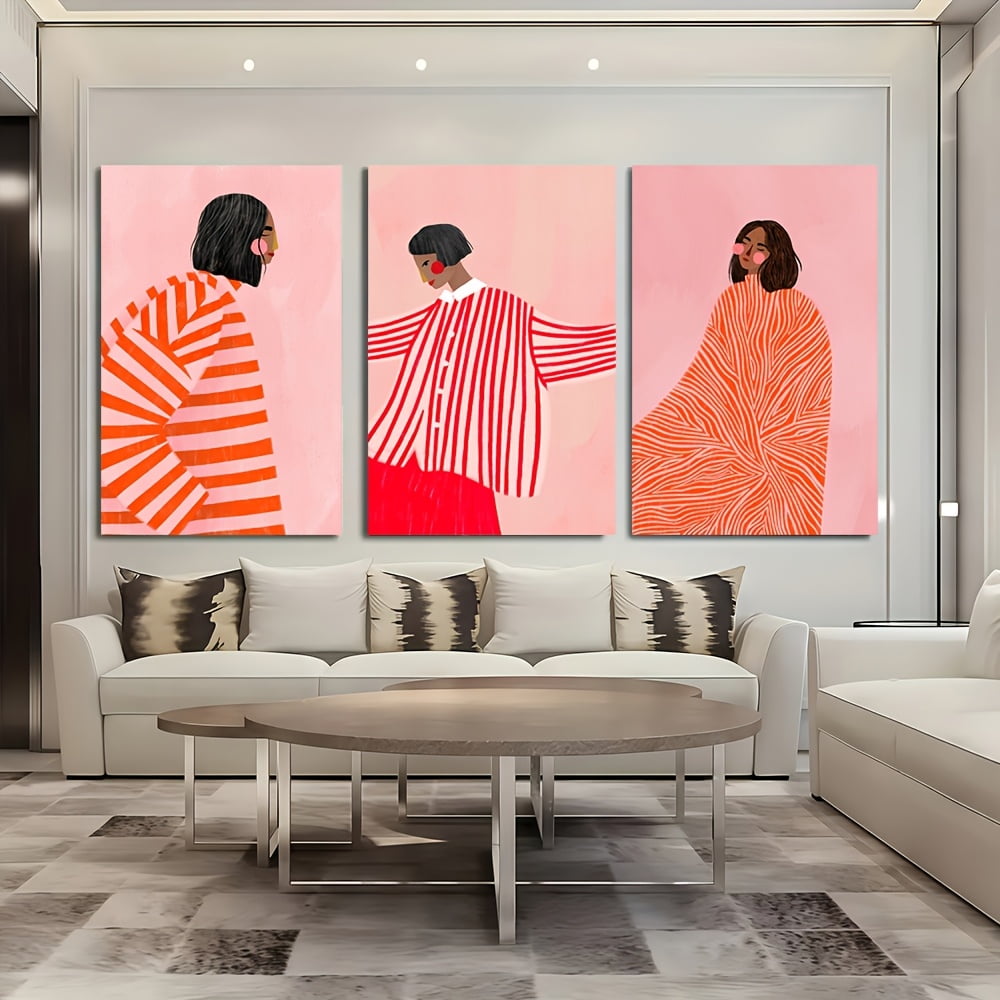 2D Flat, 3pcs, 2D Frameless Canvas Art, Set of 3 Abstract Line Girl ...
