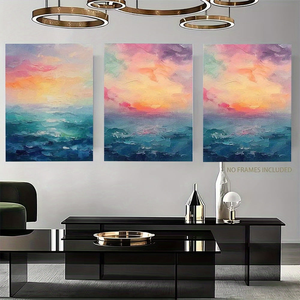2D Flat, 3pcs Abstract Deep Sea Sunset Wall Art - Bohemian Vertical ...