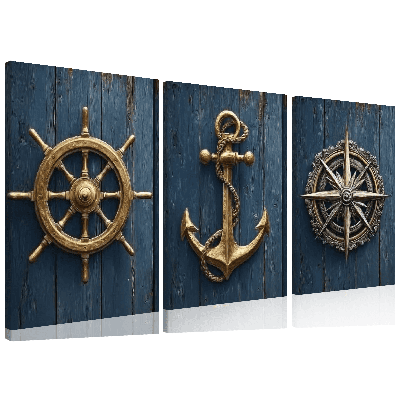 2D Flat, 3pcs Canvas Triptych, Nautical Coastal Art Prints, Ship Helm ...