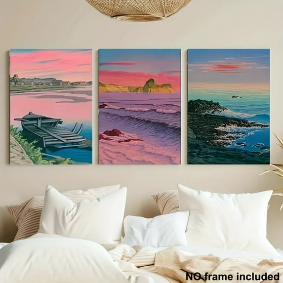 2D Flat, 3pcs Decorative Canvas Art, 2D Frameless Romantic Seascape ...