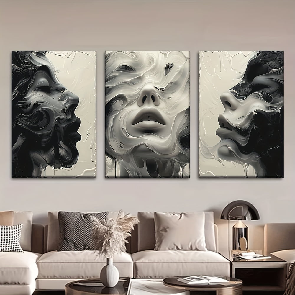 [2D Flat] 3pcs Frameless Abstract Face Canvas Wall Art Set - & Modern Minimalist Female Portrait ...