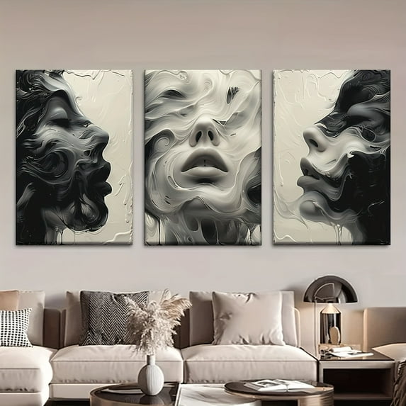 [2D Flat] 3pcs Frameless Abstract Face Canvas Wall Art Set - & Modern ...