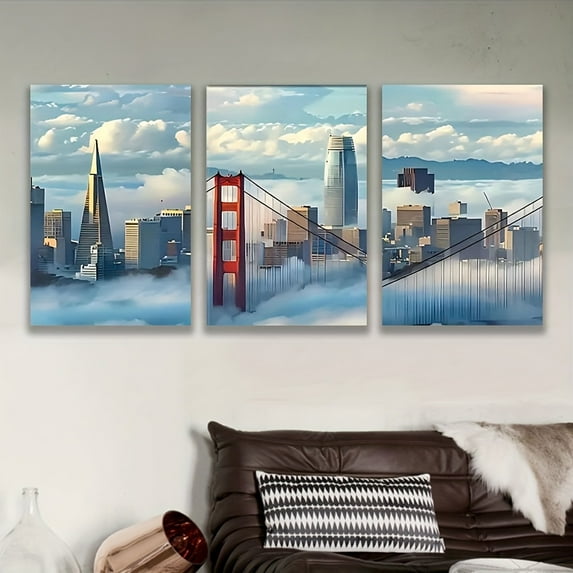 [2D Flat] 3pcs Frameless Canvas Art Prints - Golden Gate Bridge & San ...