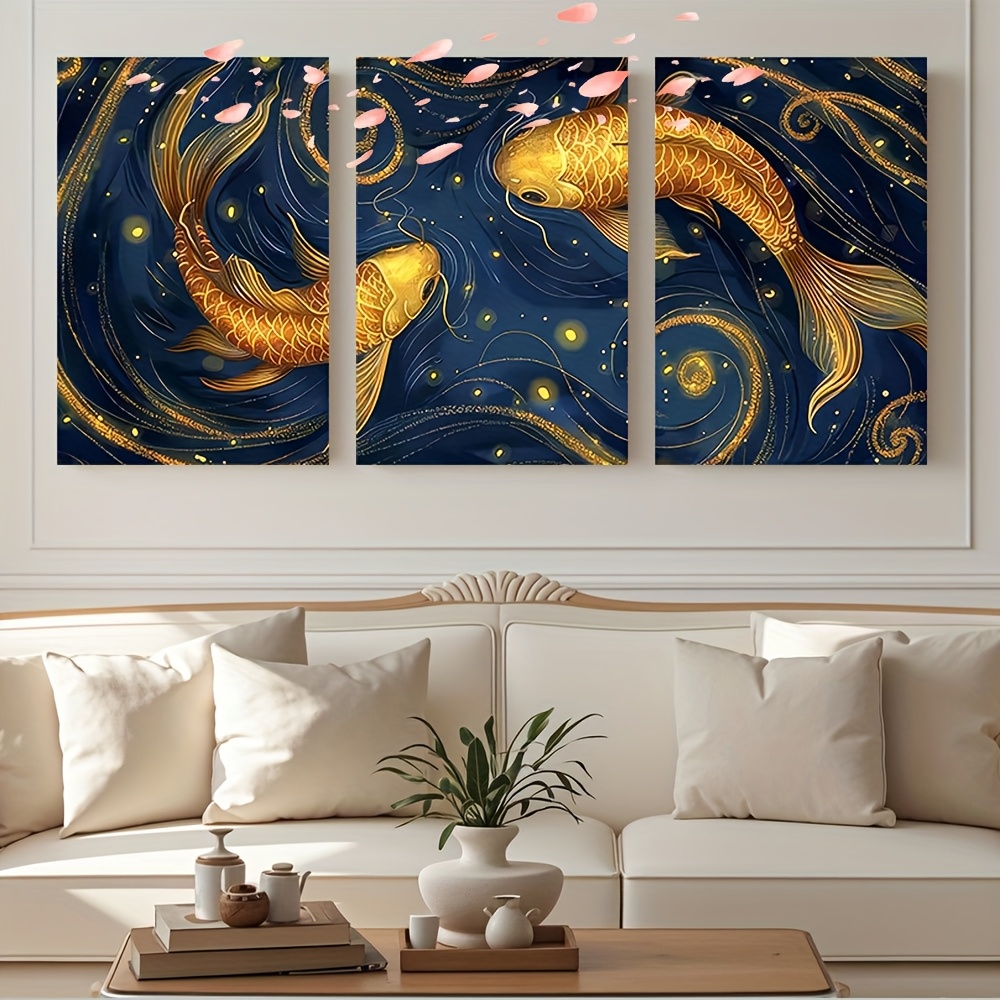 2D Flat 3pcs Frameless Canvas Wall Art - Playful Koi Fish in Blue Swirl ...