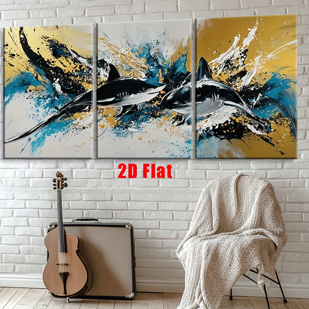 2D Flat 3pcs Frameless Canvas Wall Art - Two Sharks on Yellow ...