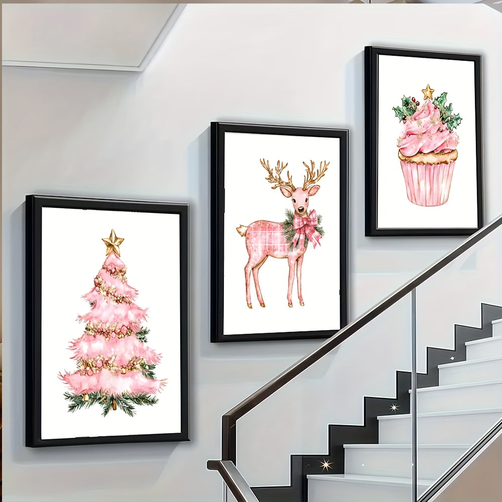 2D Flat, 3pcs Frameless Decorative Art, 2D Flat Canvas Pink Christmas ...