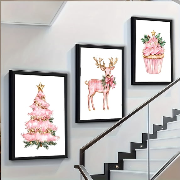 2D Flat, 3pcs Frameless Decorative Art, 2D Flat Canvas Pink Christmas ...
