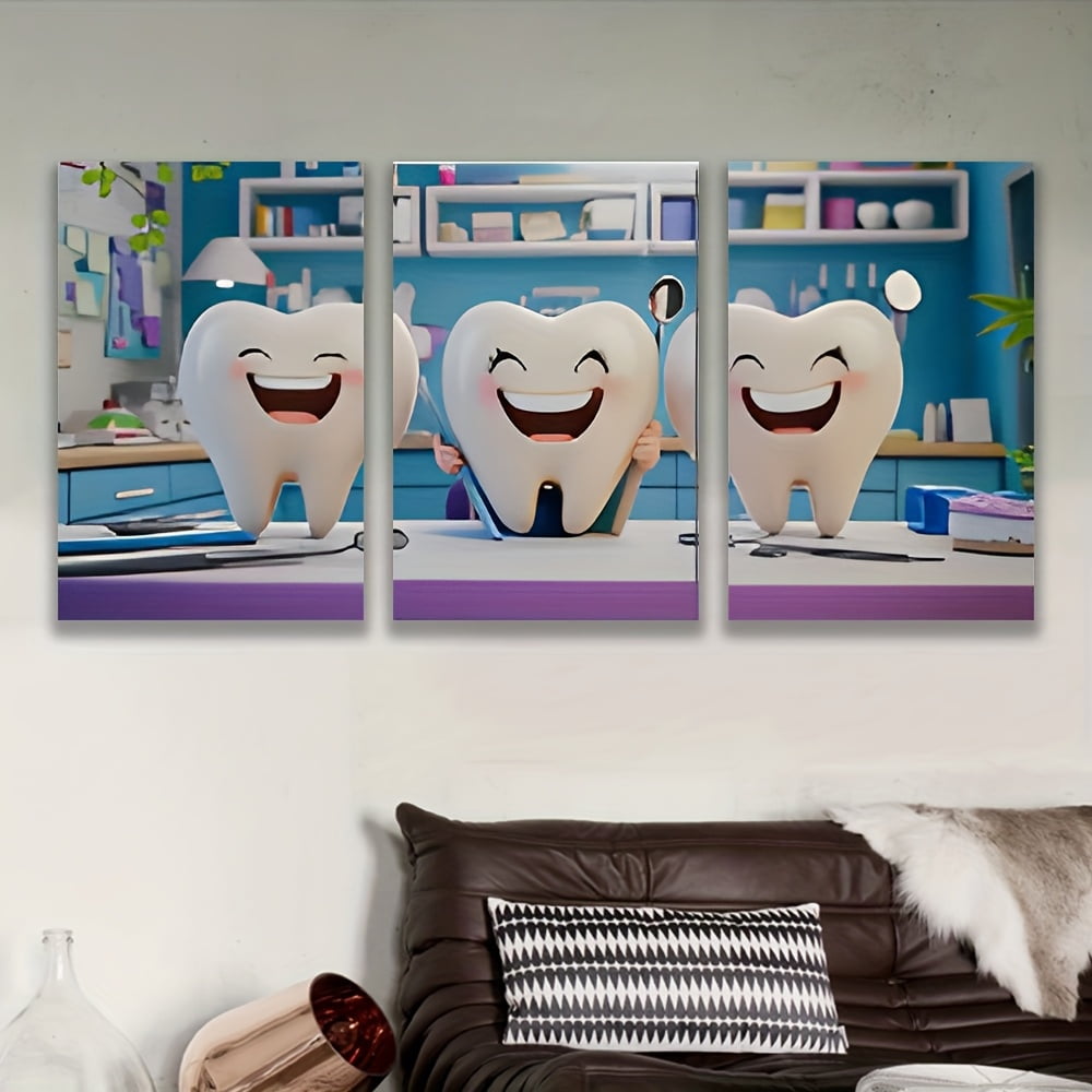 2D Flat, 3pcs Frameless Happy Tooth Wall Art Decor - Whimsical Cartoon ...