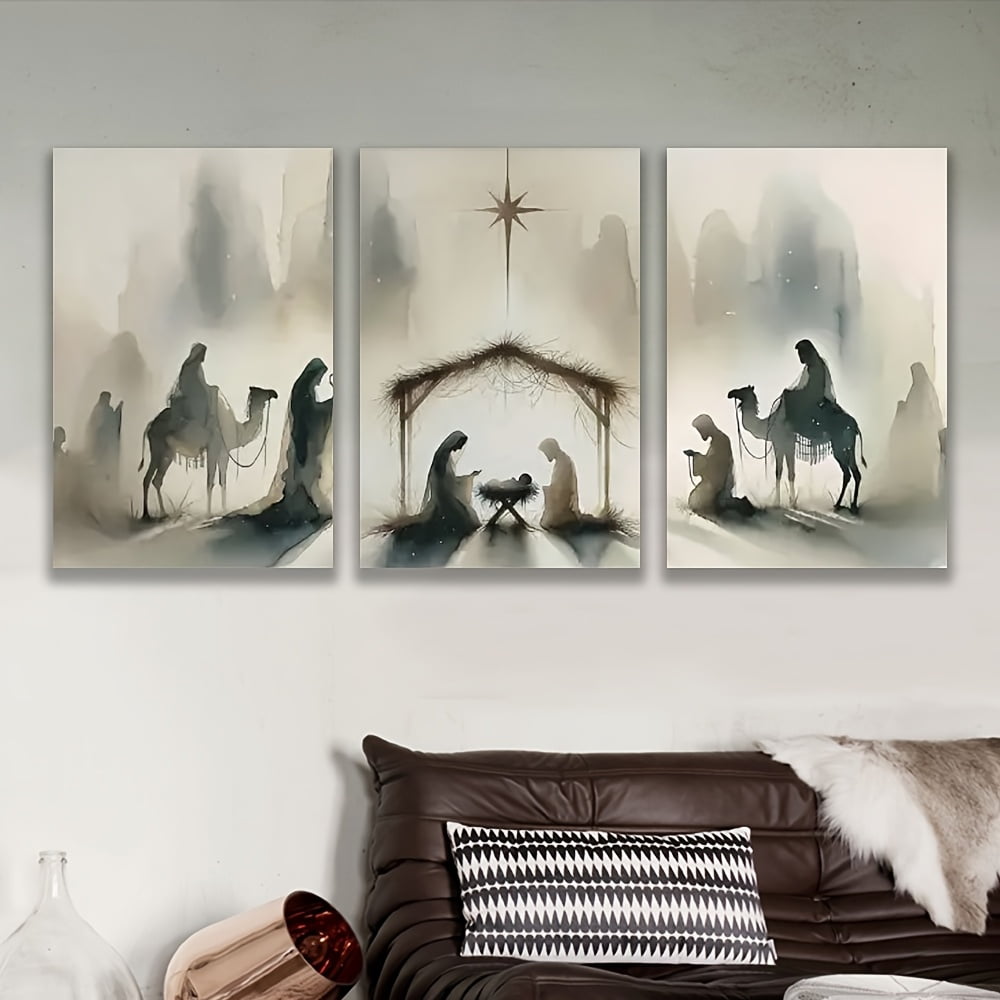 2D Flat, 3pcs Frameless Nativity Scene Art Prints - Vertical Wall Decor ...
