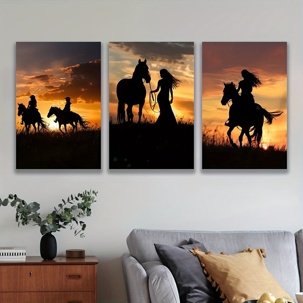 2D Flat, 3pcs Frameless Wall Art Prints - Silhouette of Woman & Horse ...