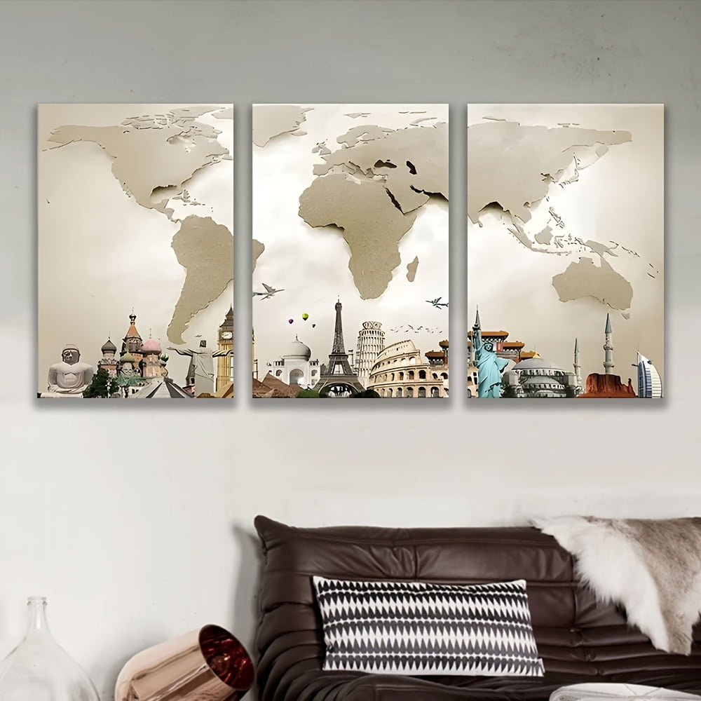 2D Flat, 3pcs Frameless World Map Wall Art with Iconic Landmarks ...