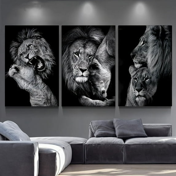 [2D Flat] 3pcs Lion Family Canvas Wall Art Set - Majestic Lion Portrait ...