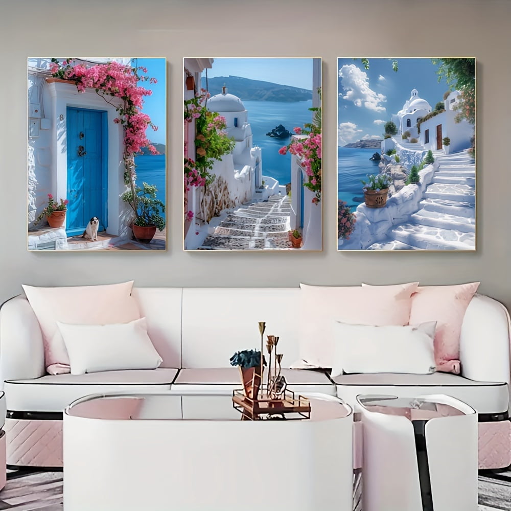 2D Flat, 3pcs Modern Mediterranean Wall Art Set - Santorini Greece ...