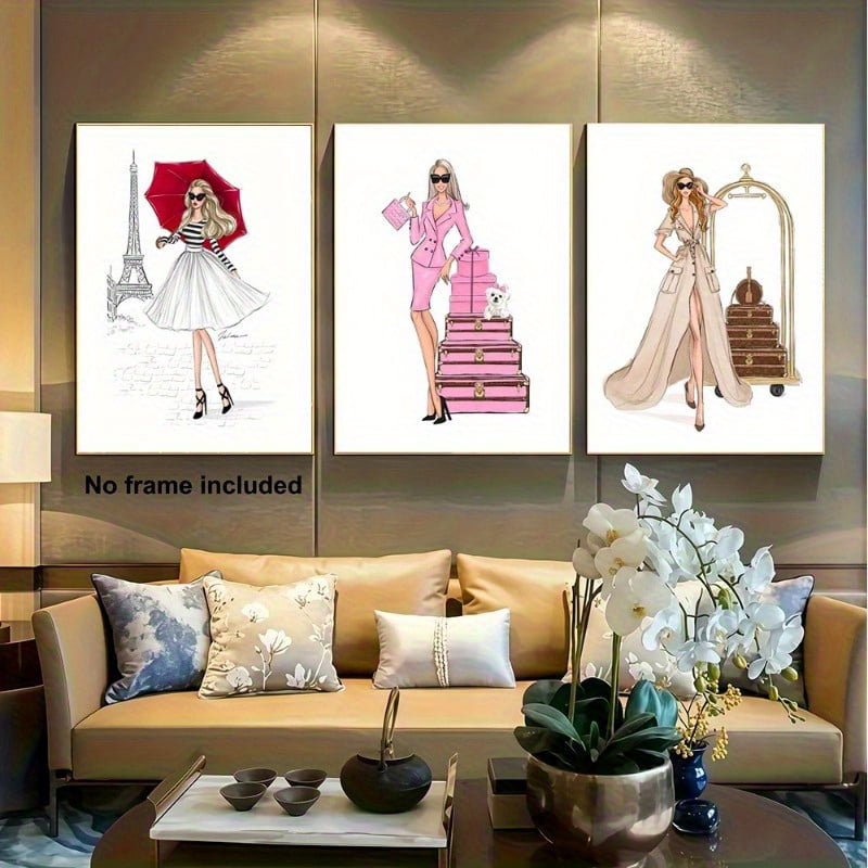[2D Flat] 3pcs Paris-Inspired Canvas Art Prints - Eiffel Tower, Fashion ...