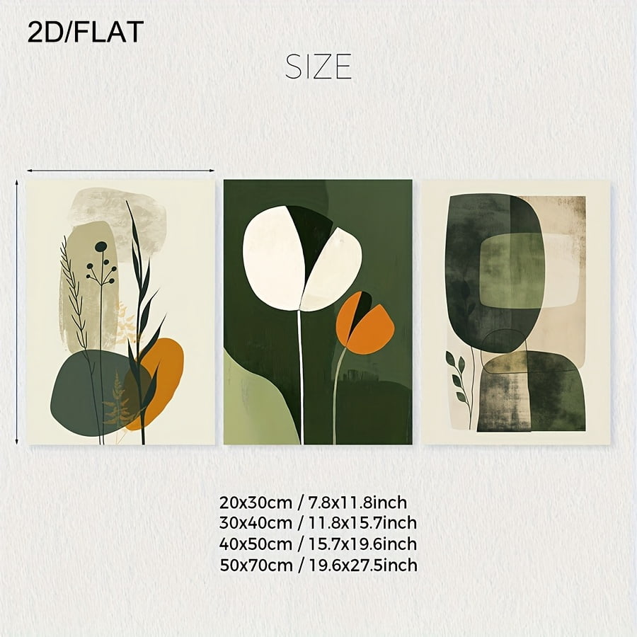 2D Flat 3pcs Sage Green Abstract Plant & Floral Wall Art Set - 2D Flat ...