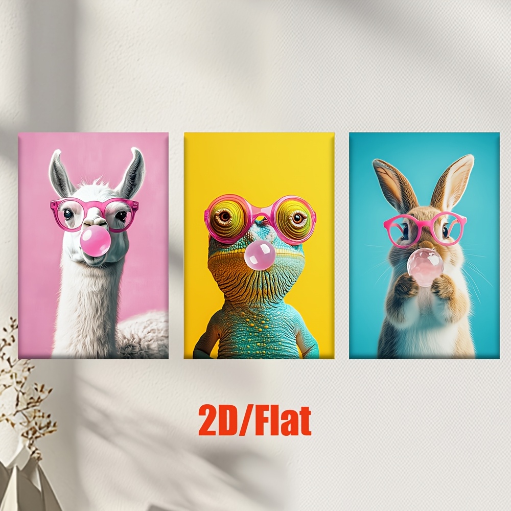 2D Flat 3pcs/Set, 2D Flat Canvas Paintings-Frameless, Animal Blowing ...